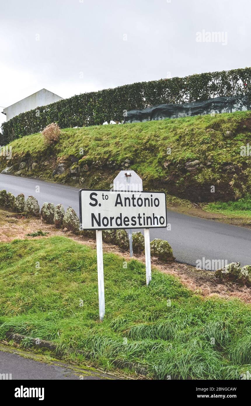 City sign Santo Antonio de Nordestinho in Sao Miguel Island, Azores ...
