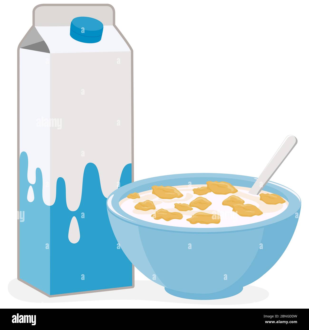 Blue bowl of cereal and cow milk box carton. Bowl of corn flakes and a ...