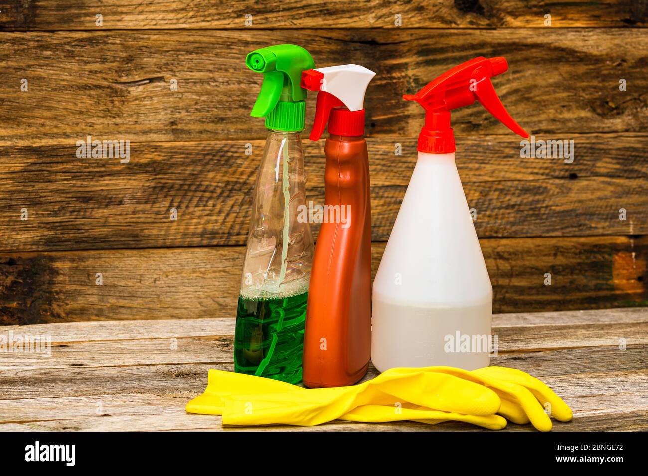 Cleaning sprayer anti bacterial sanitizer spray isolated with yellow ...