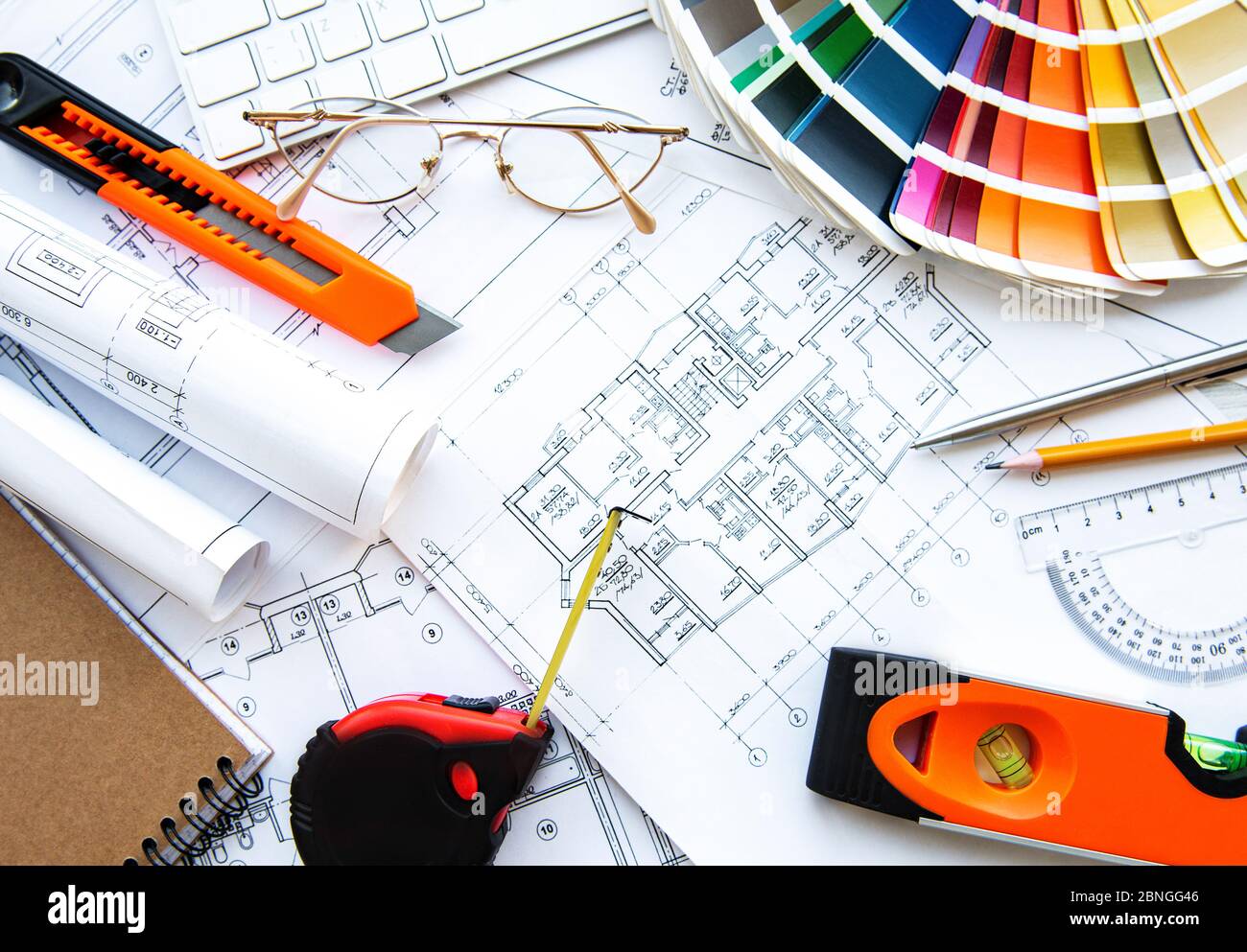 Architect workplace top view. Architectural project, blueprints ...