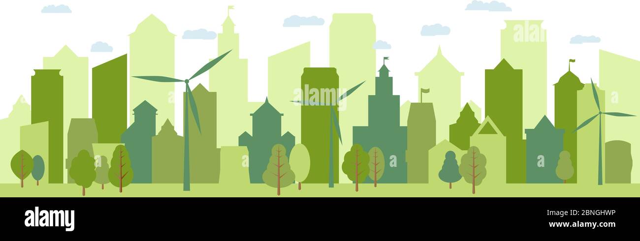 Ecological city and environment conservation. Green city silhouette ...