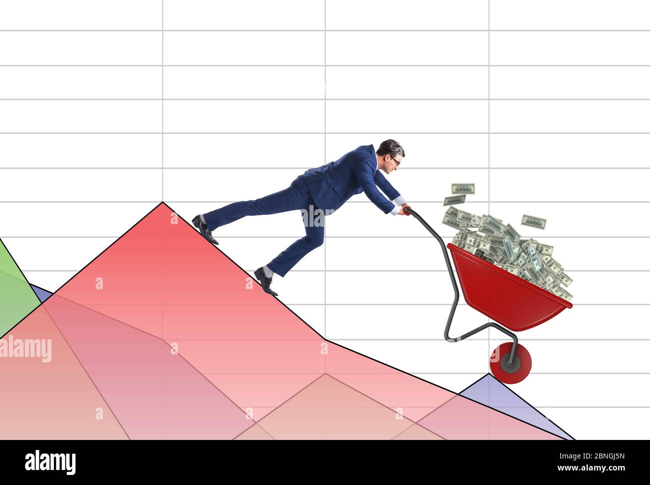 The businessman pushing money wheelbarrow down the chart Stock Photo ...