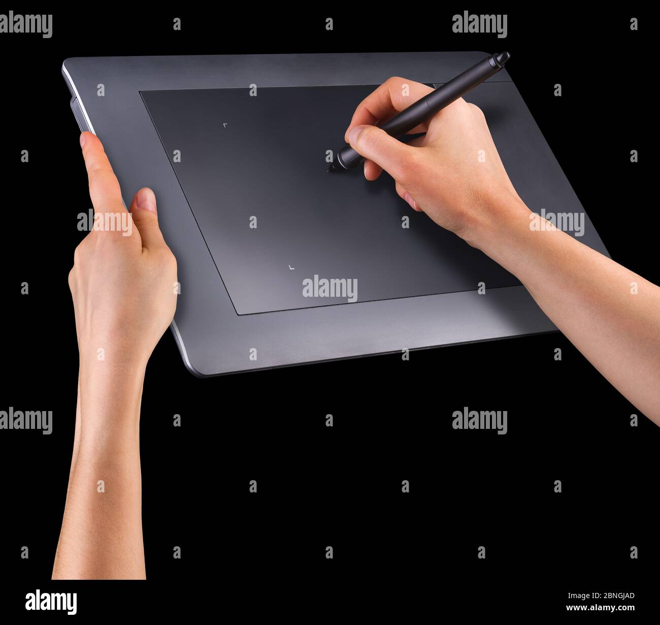 Hand holding digital graphic pen and drawing graphic tablet isolated on ...