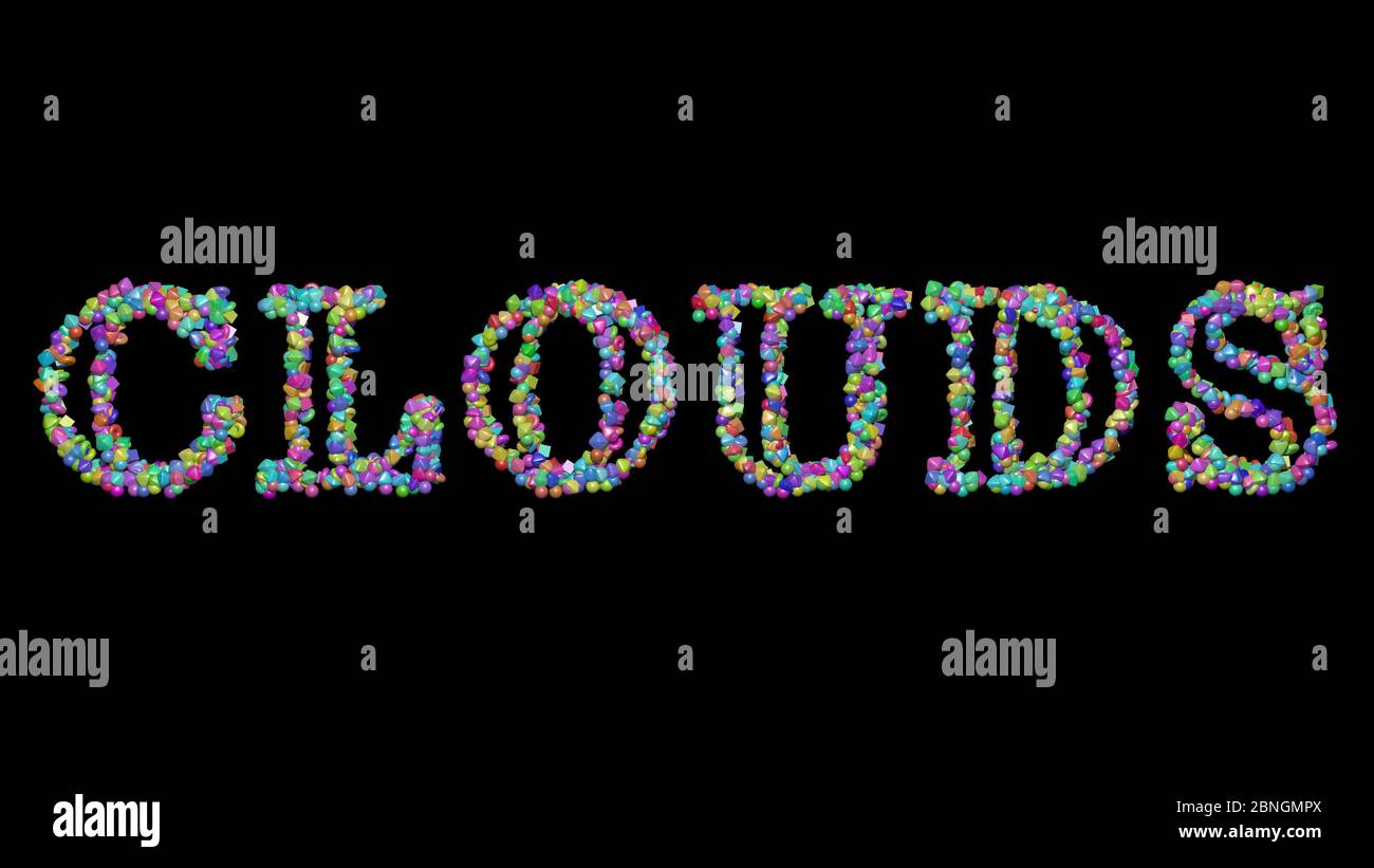 Colorful 3D writting of clouds text with small objects over a dark ...