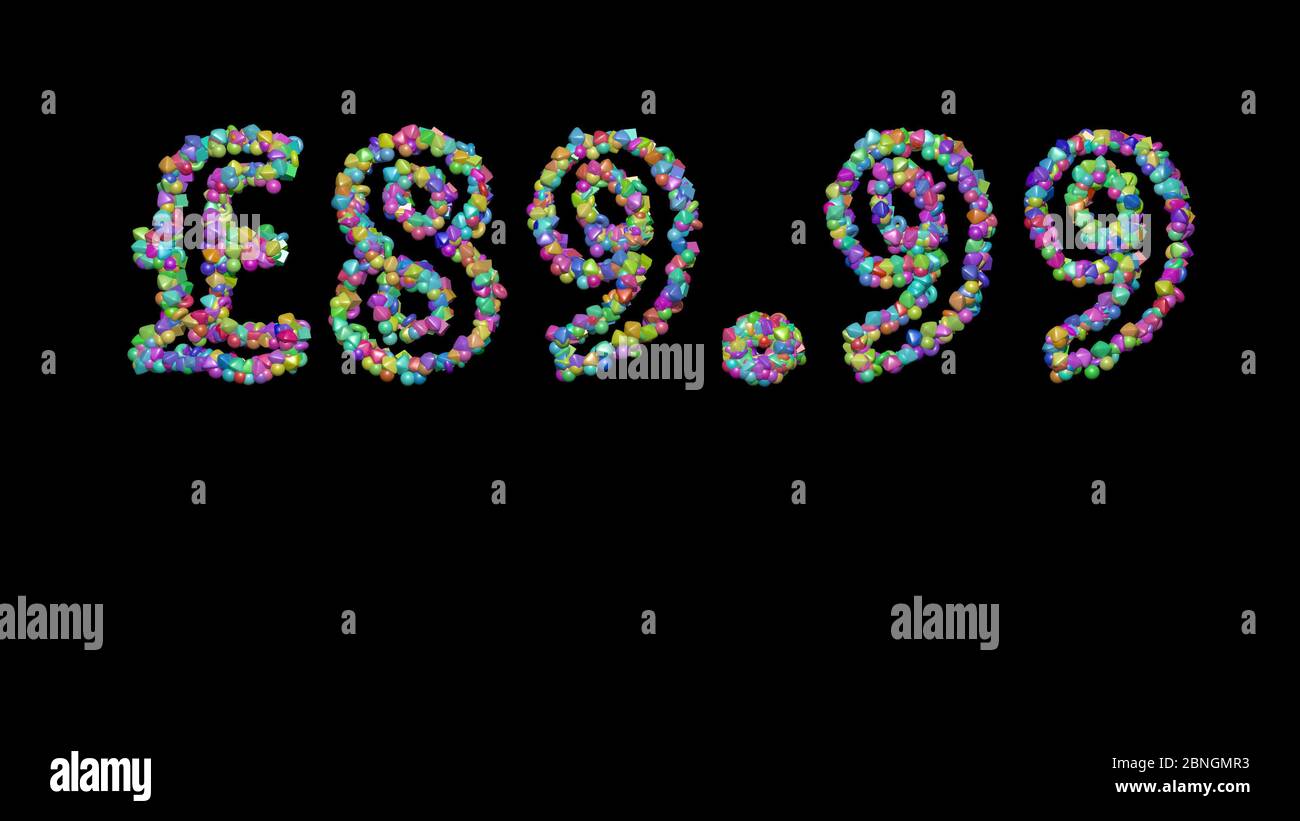£89.: 3D illustration of the text made of small objects over a black ...