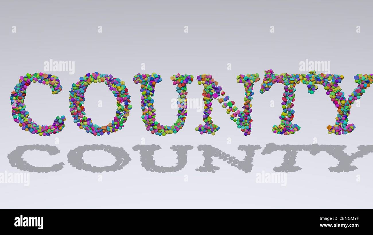 Colorful 3D writting of COUNTY text with small objects over a white ...