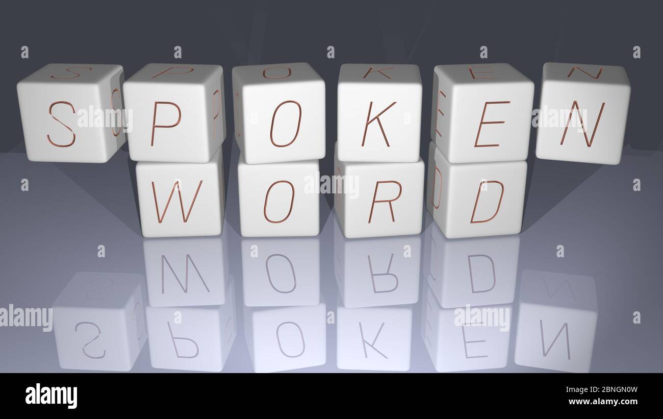 alphabetic SPOKEN WORD arranged by cubic letters on a mirror floor ...