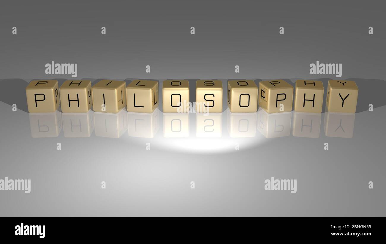 PHILOSOPHY arranged by golden cubic letters on a mirror floor, concept ...