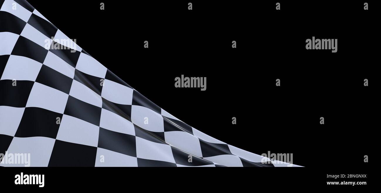 Wavy checkered flag under the lights isolated on a black background ...