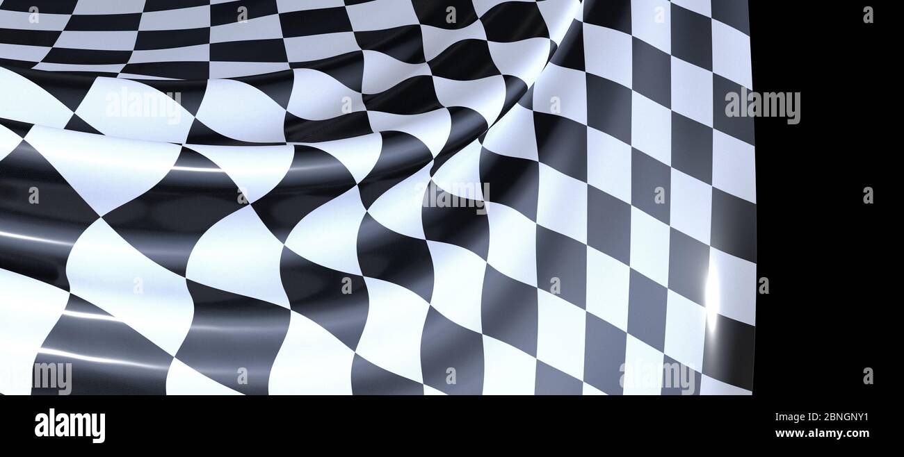 Wavy checkered flag under the lights isolated on a black background ...