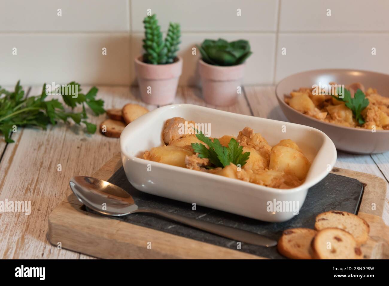 tuna and potato stew called marmitako. Traditional Basque recipe with ...