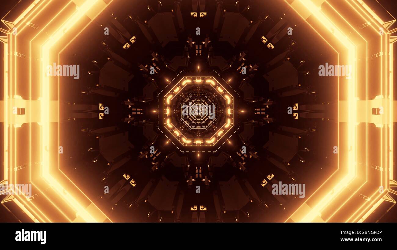 3D futuristic background with glowing abstract golden neon lights ...