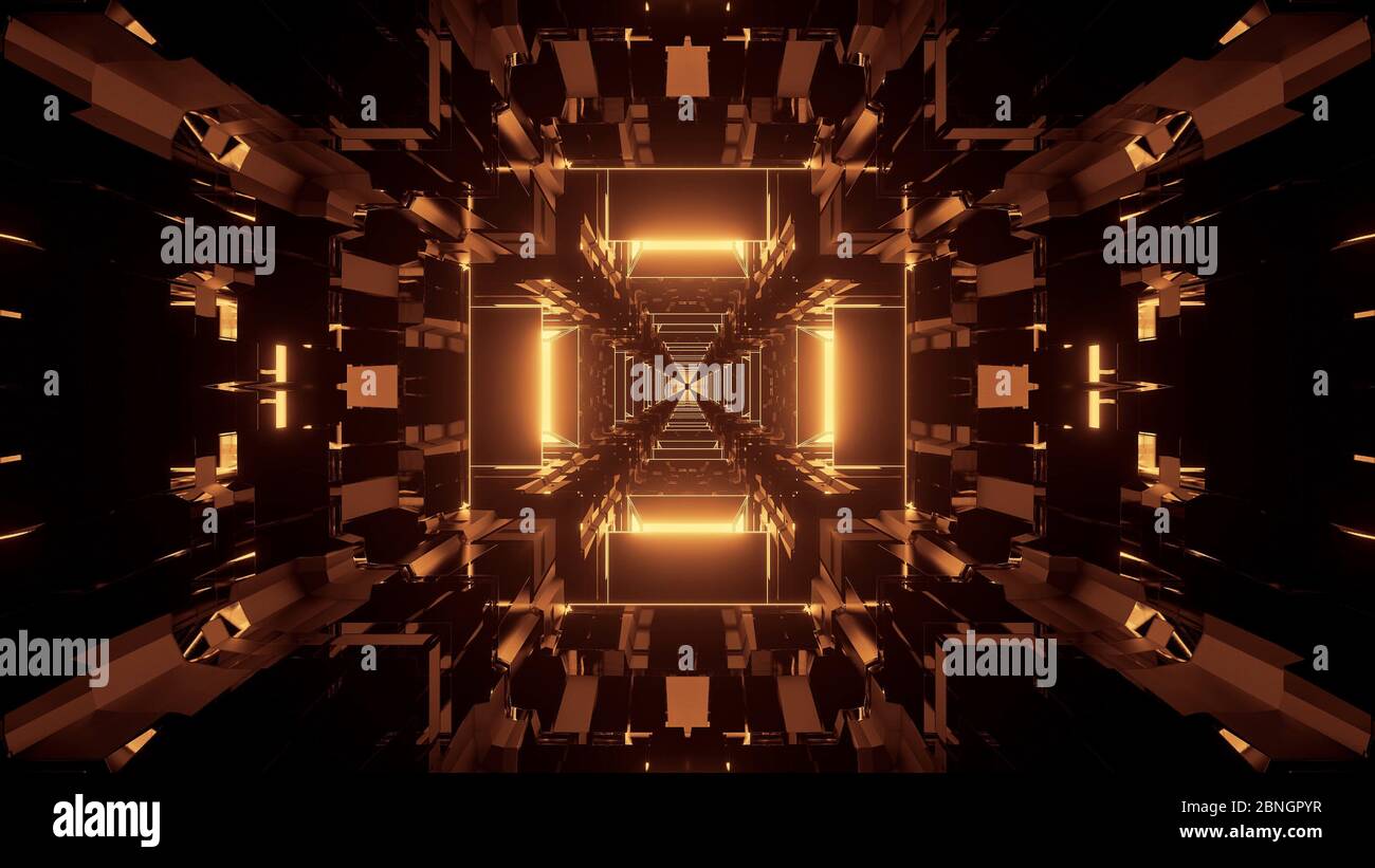 3D futuristic background with glowing abstract golden neon lights ...