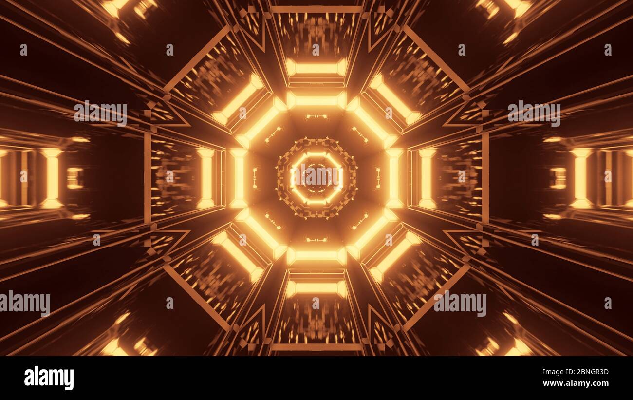 3D futuristic background with glowing abstract golden neon lights ...