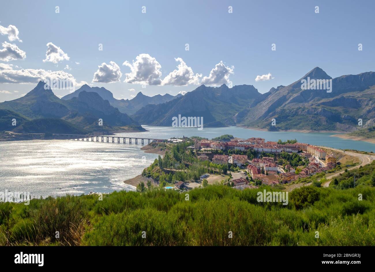 Riano Panoramic View Leon Spain, long bridge across the lake Stock ...