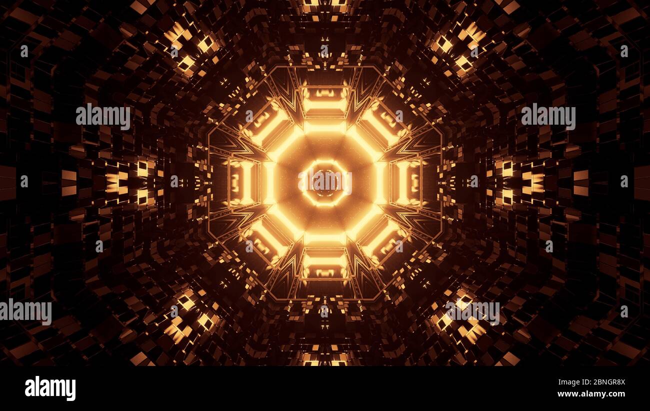 3D futuristic background with glowing abstract golden neon lights ...