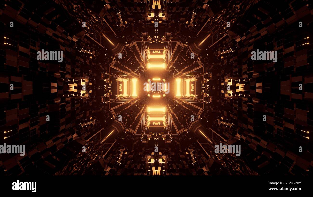 3D futuristic background with glowing abstract golden neon lights ...