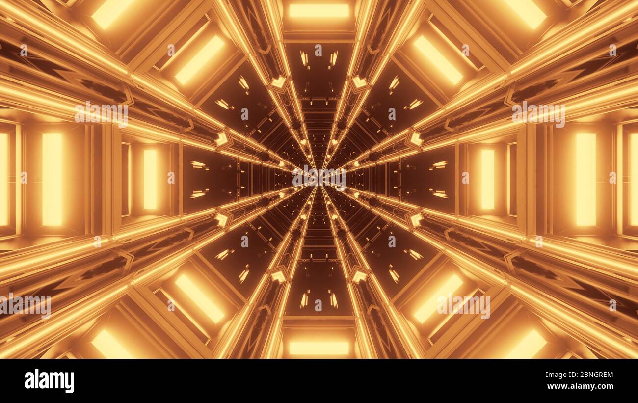 3D futuristic background with glowing abstract golden neon lights ...