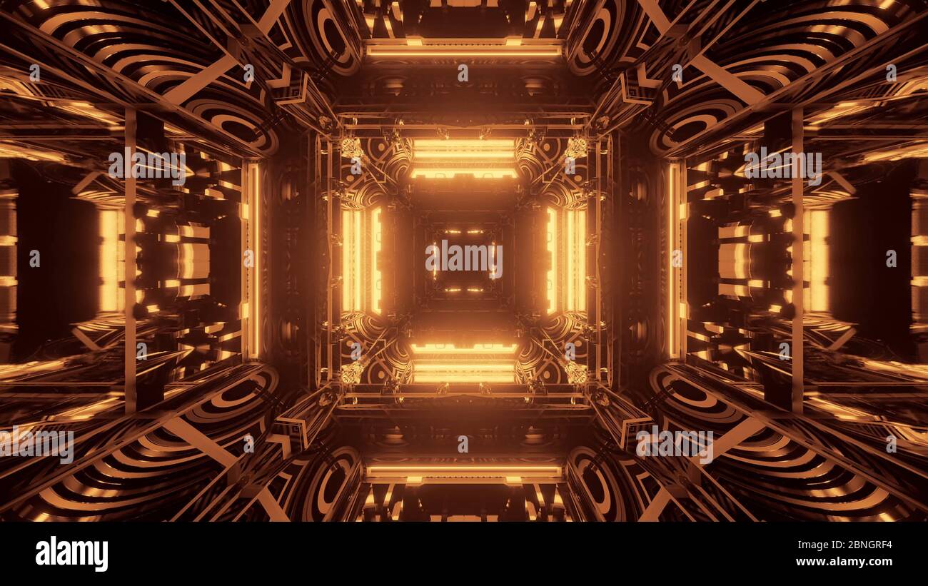 3D futuristic background with glowing abstract golden neon lights ...