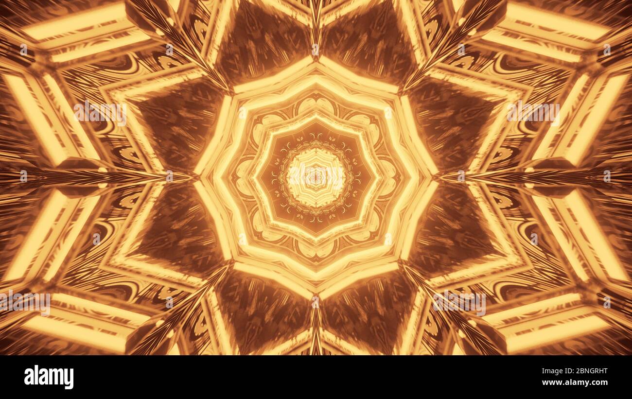 3D futuristic background with glowing abstract golden neon lights ...