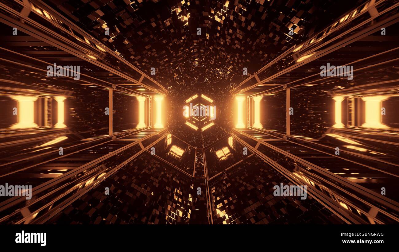 3D futuristic background with glowing abstract golden neon lights ...