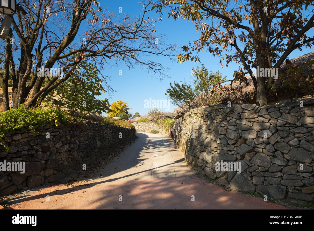 Korean traditional village and stone wall road. Traditional farm ...