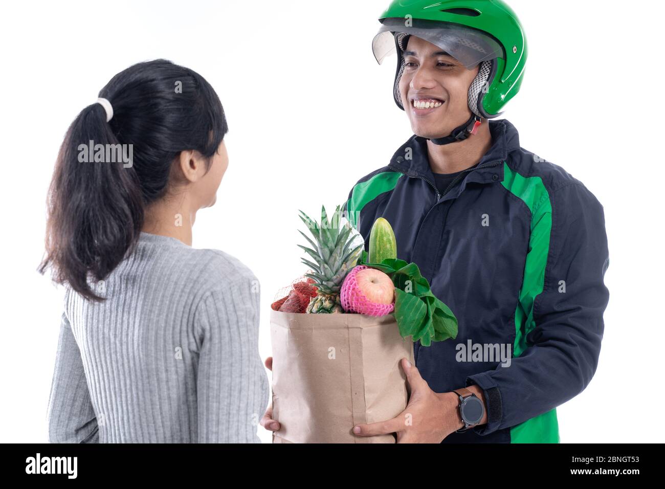 online grocery shopping. delivery man deliver food order to customer ...