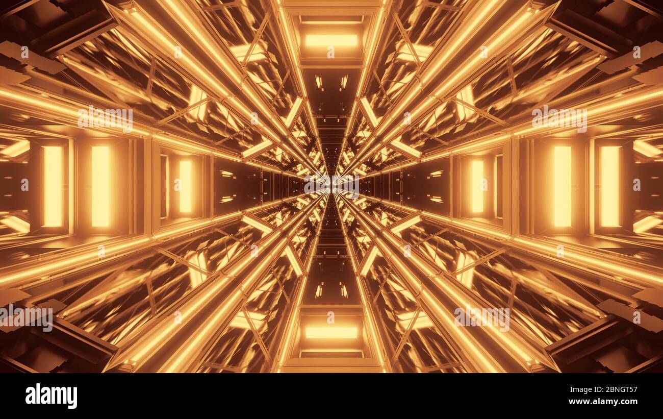 3D futuristic background with glowing abstract golden neon lights ...