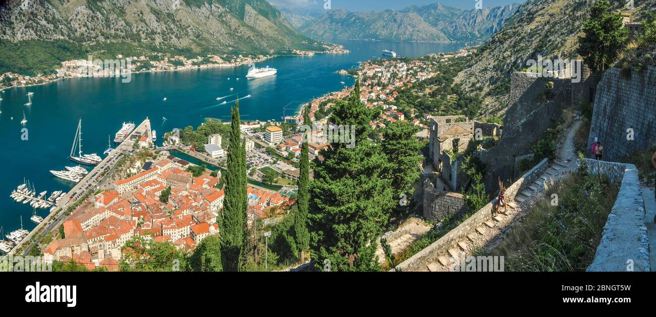 A panoramic view of the Bay of Kotor, cruise port, mountains and the ...