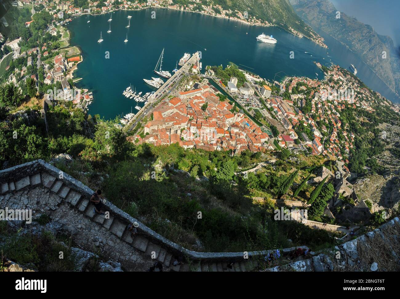 A panoramic view of the Bay of Kotor, cruise port, mountains and the ...