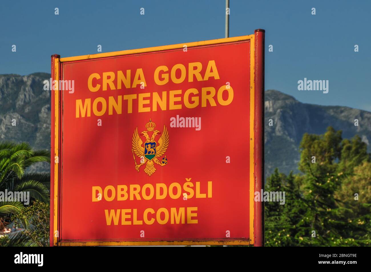 Welcome to Montenegro sign at the border in Crna Gora, Montenegro Stock ...