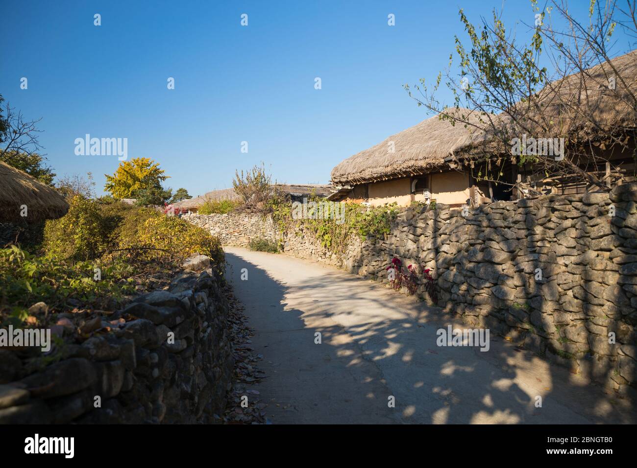 Korean traditional village and stone wall road. Traditional farm ...