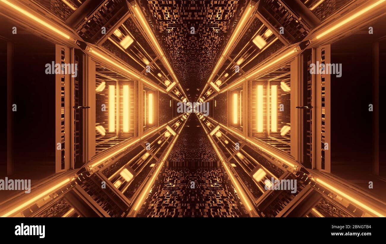 3D futuristic background with glowing abstract golden neon lights ...