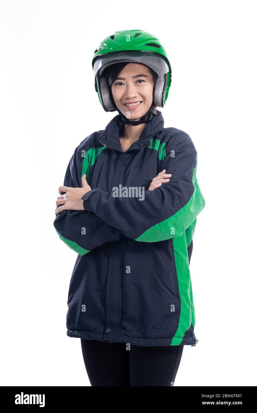 portrait of female taxi uber driver with helmet isolated over white ...