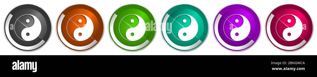 Ying yang icon set, silver metallic chrome border vector web buttons in ...