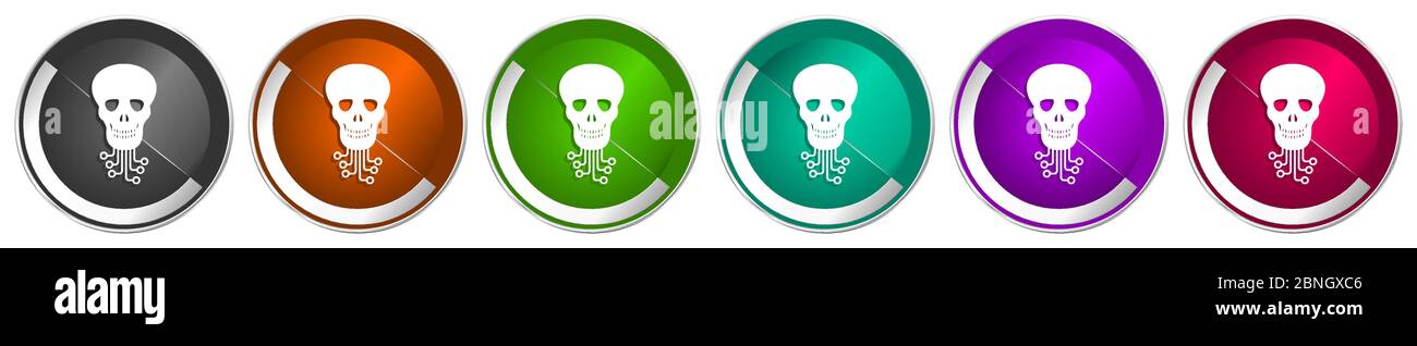 Hack icon set, virus, circuit, skull, hacker silver metallic chrome ...