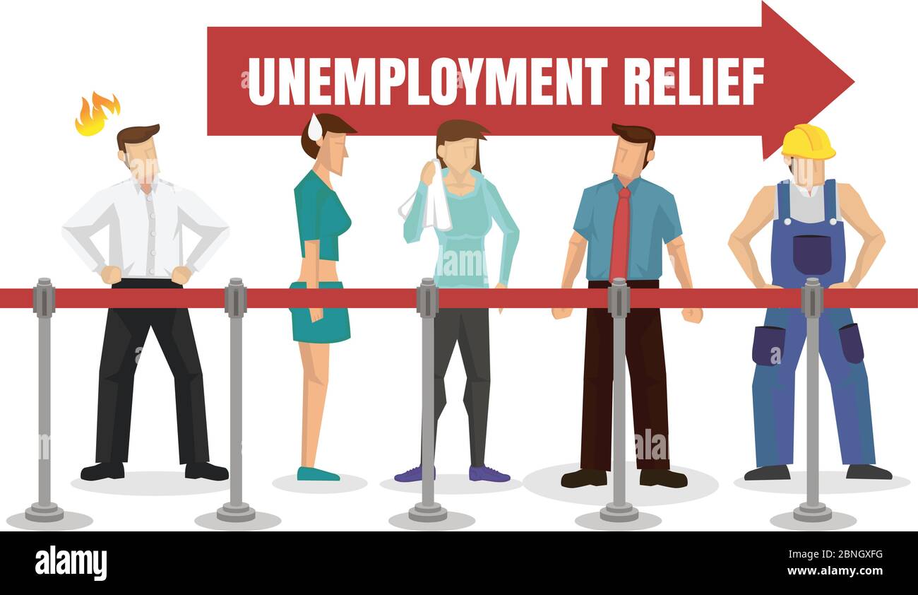 People queuing up for unemployment relief. Financial welfare assistance ...