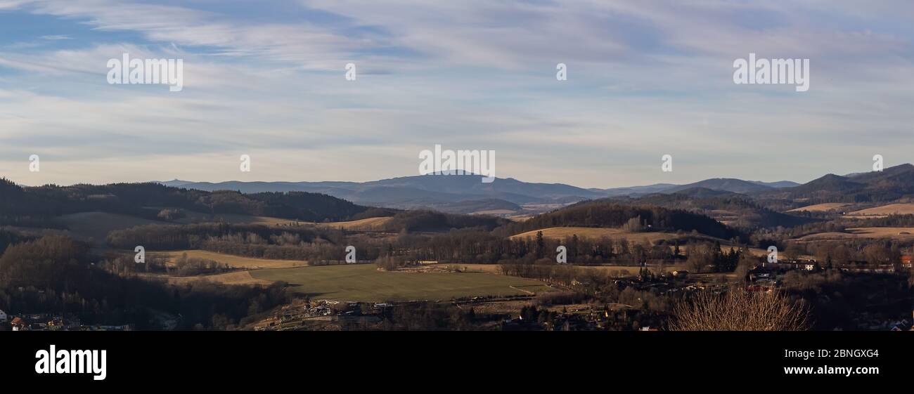 Panoramic view to czech landscape behind city Cesky Krumlov in winter ...