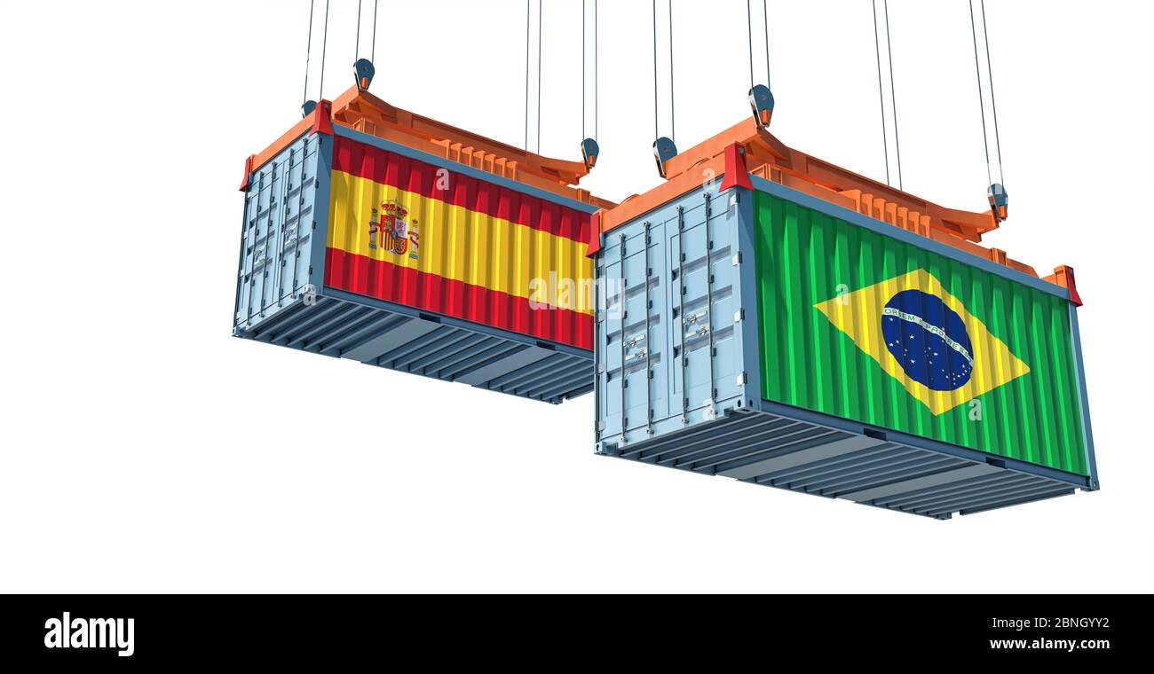 Shipping containers with Spain and Brazil flag. 3D Rendering Stock ...