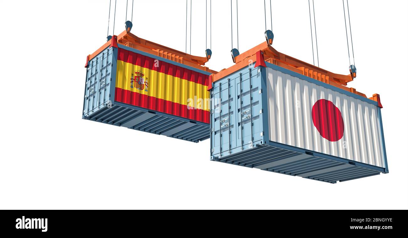 Shipping containers with Spain and Japan flag. 3D Rendering Stock Photo ...