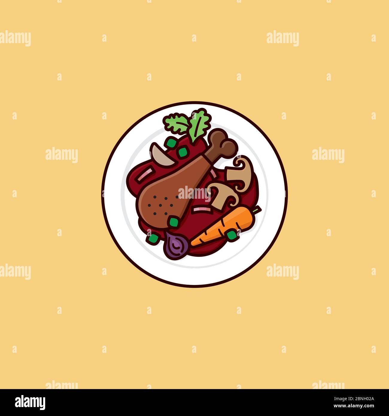 Coq au vin dish on plate top view vector illustration. French cuisine ...