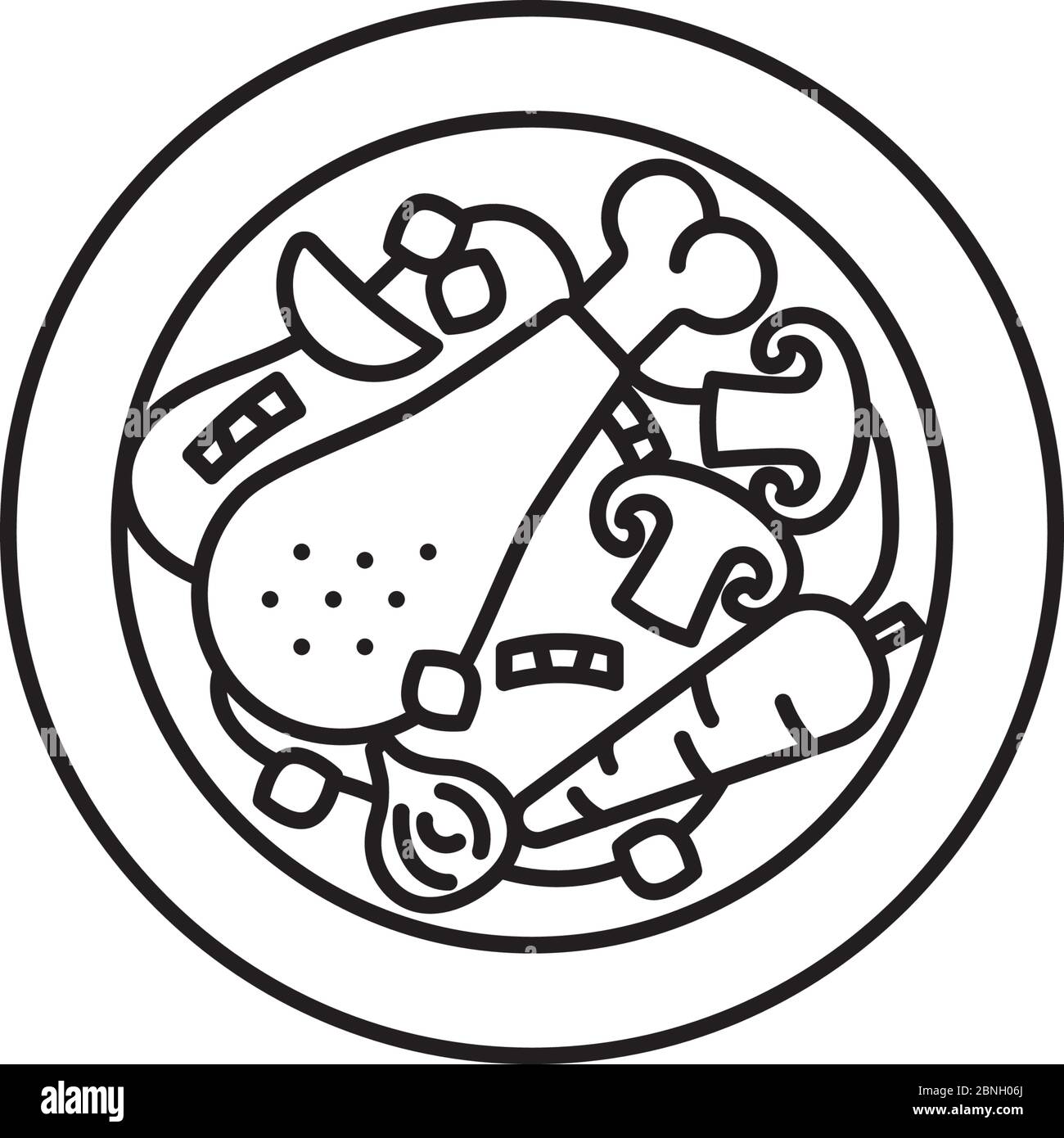 Rooster in wine or Coq au Vin dish vector line icon. French cuisine ...