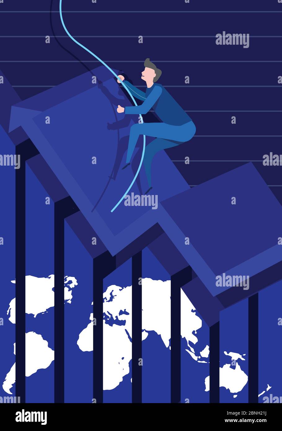Vector of a man climbing up to the growing economy chart, with a background of ascending arrow ...