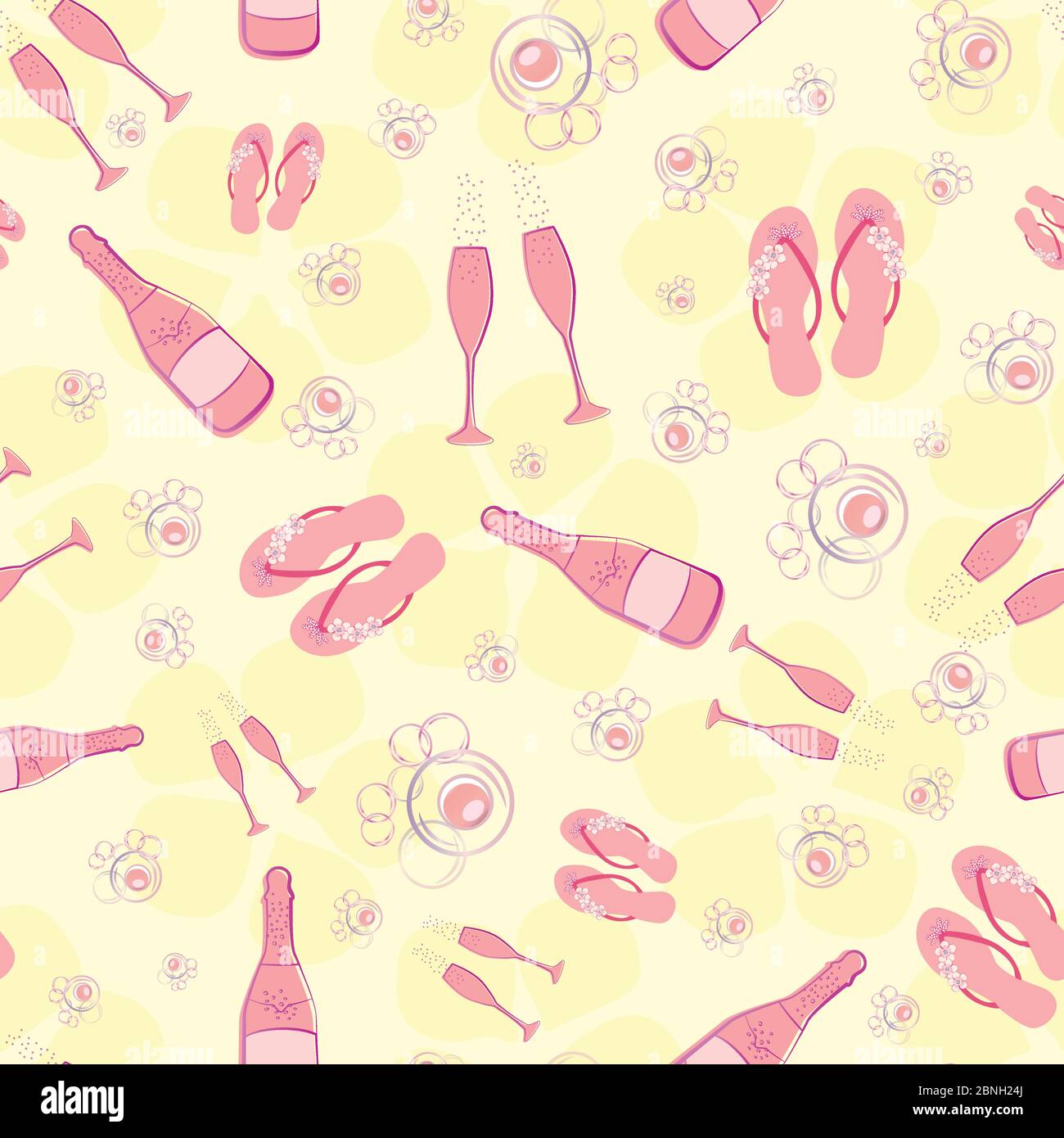 Champagne bubbles and flip flop shoe vector seamless pattern background. Hand drawn bottles ...