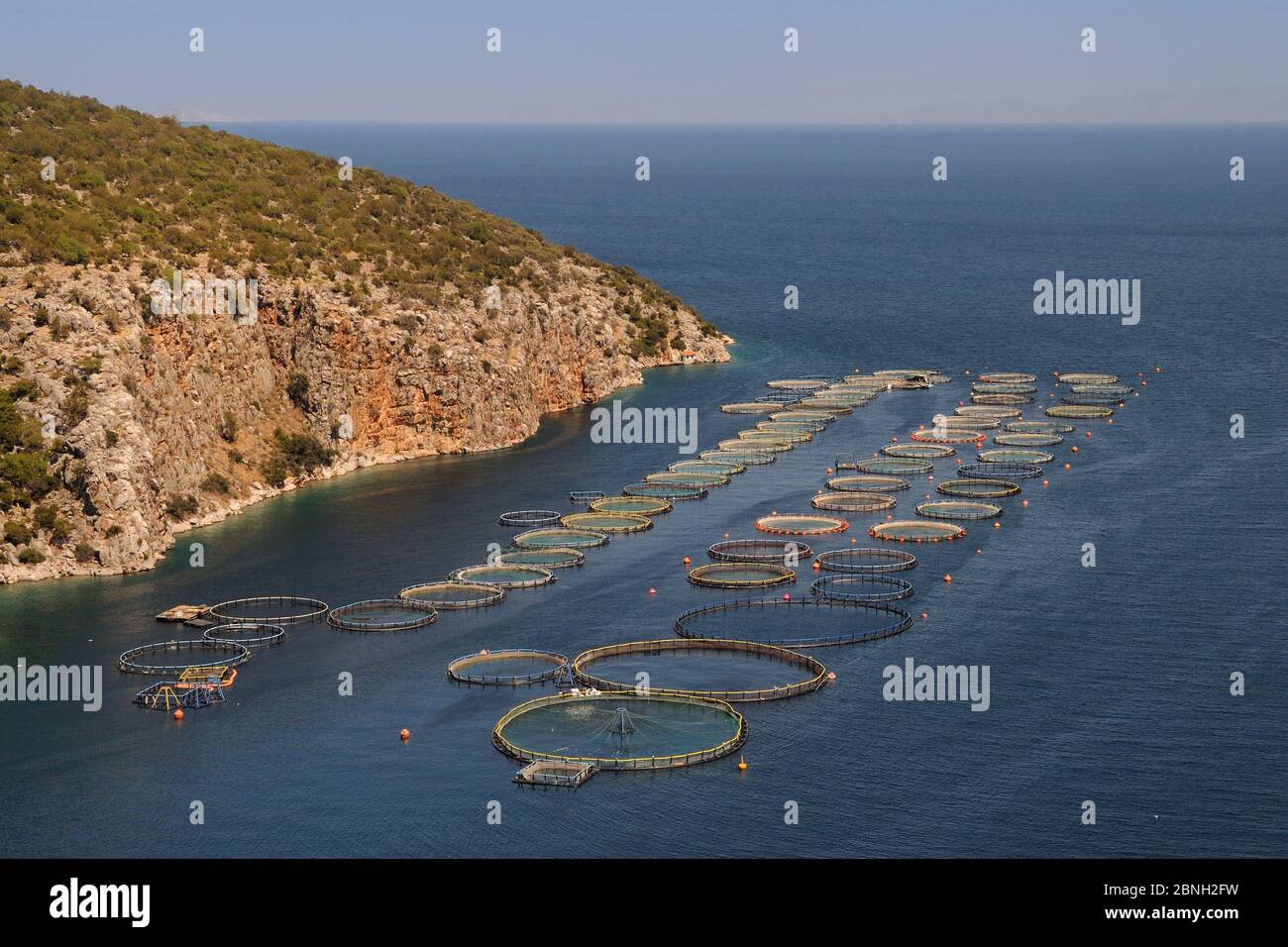 Landscape of fish farm with floating pens for Sea bass and Sea bream ...