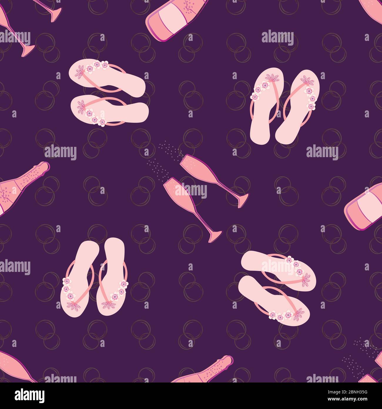Vector champagne glasses, bottles and flip flop shoe vector seamless pattern background. Pink ...