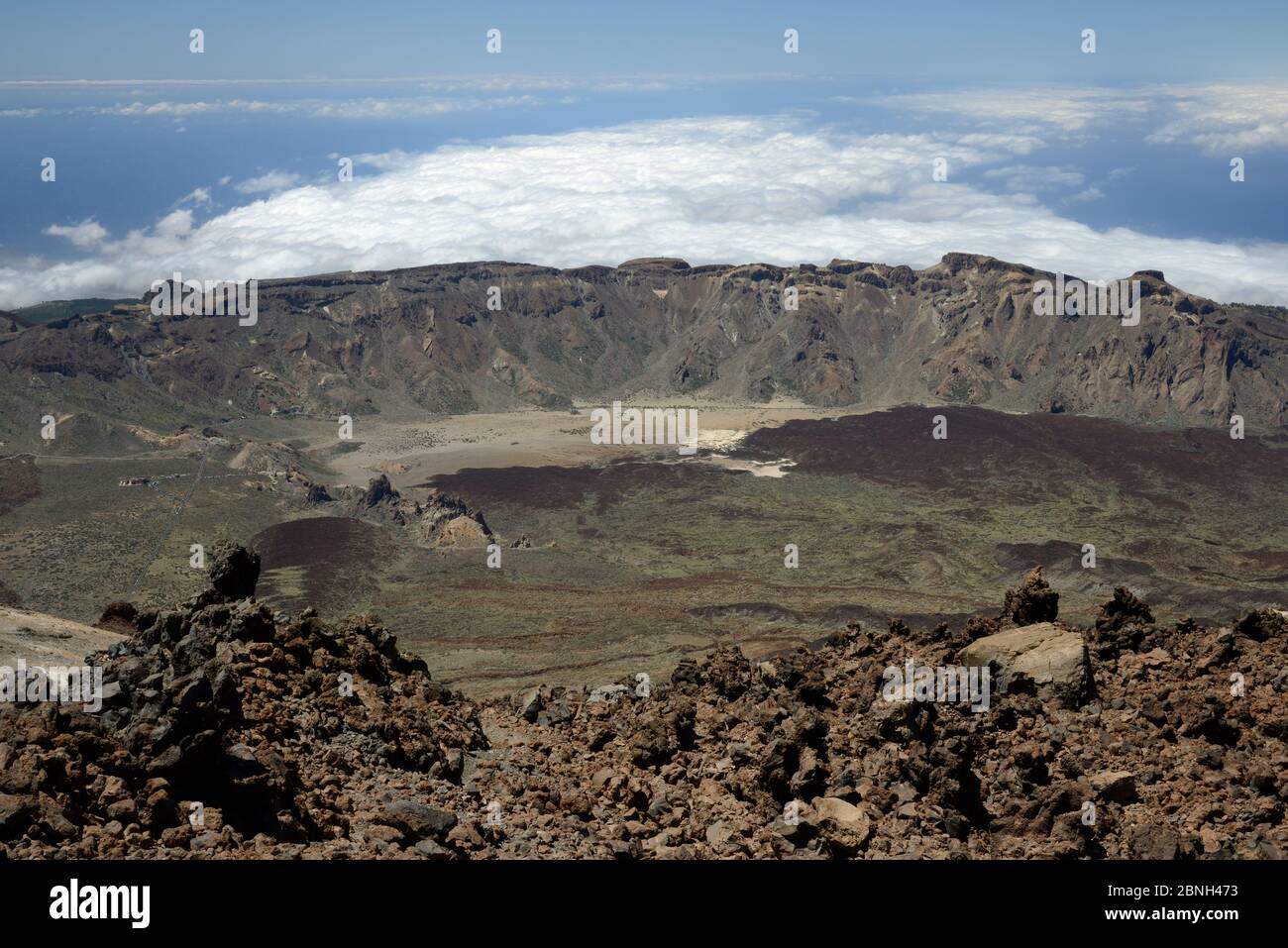 Overview of Las Canadas caldera from the 3718m summit of Mount Teide ...