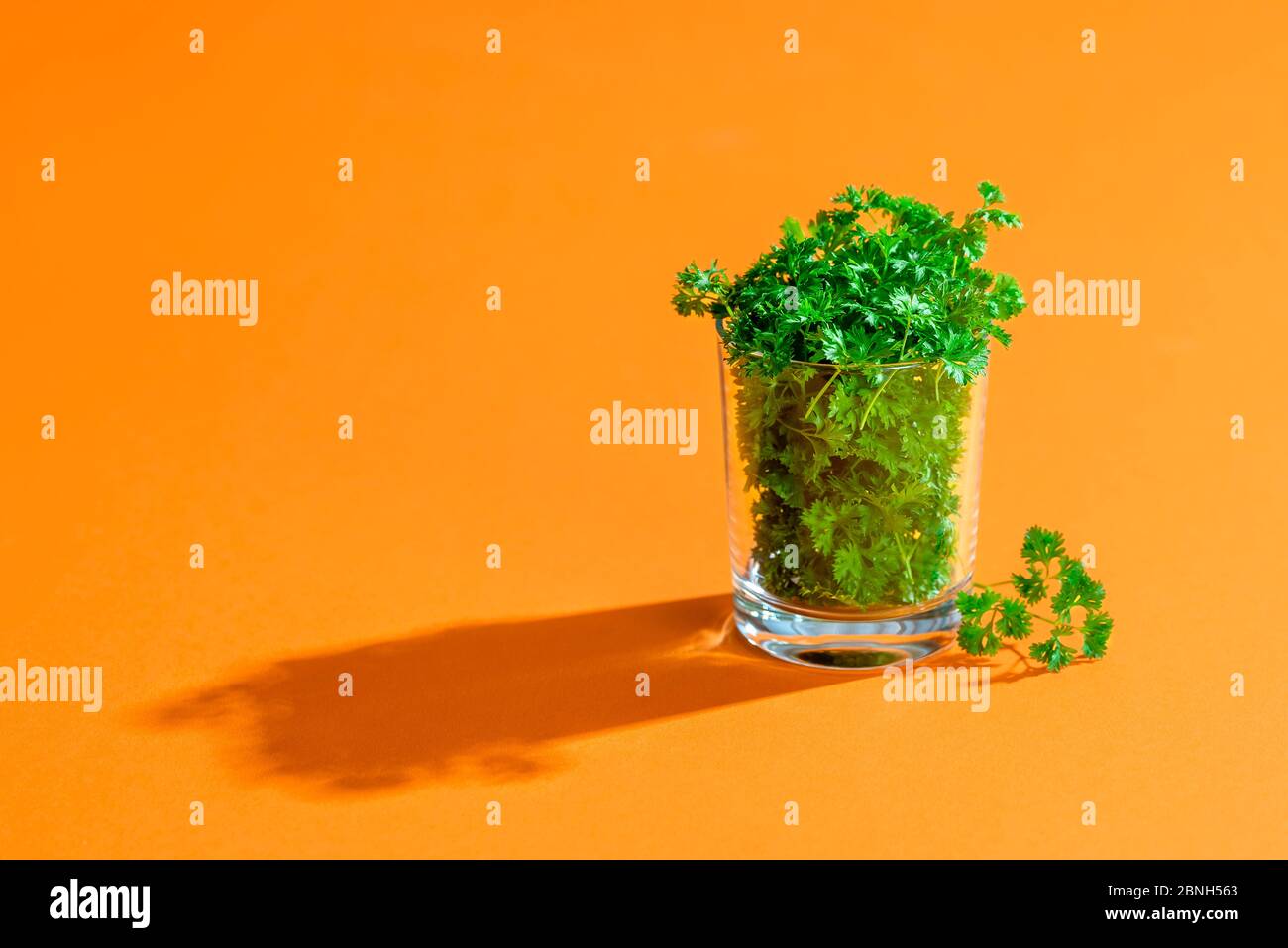 Green parsley leaves in a drinking glass on an orange colored ...