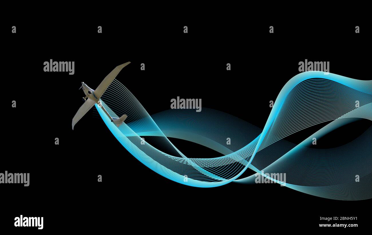 Ultralight plane from bottom with blue wave on black. Illustration ...