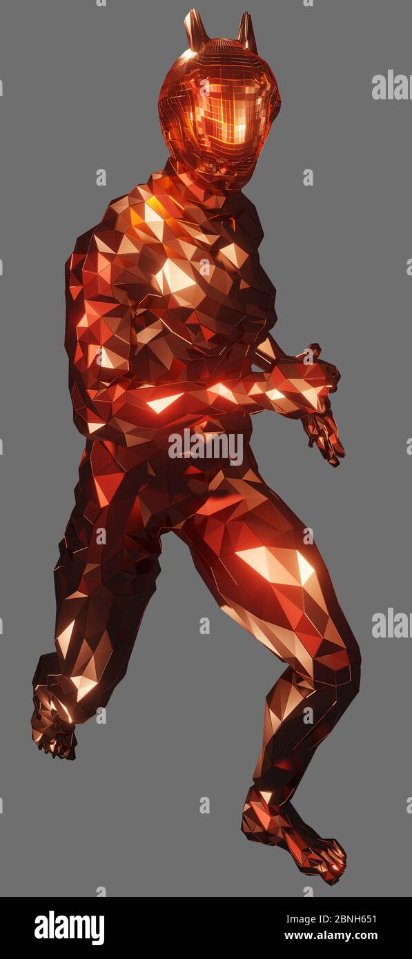 Metal shine red running robot isolated on grey background. 3D rendering ...